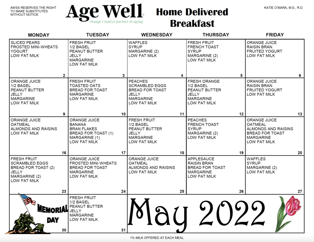 May Lunch Menu | Age Well Senior Services