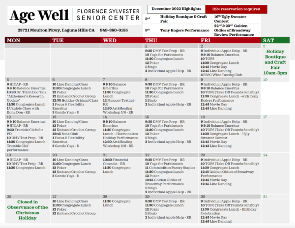 Florence Sylvester December Events | Age Well Senior Services