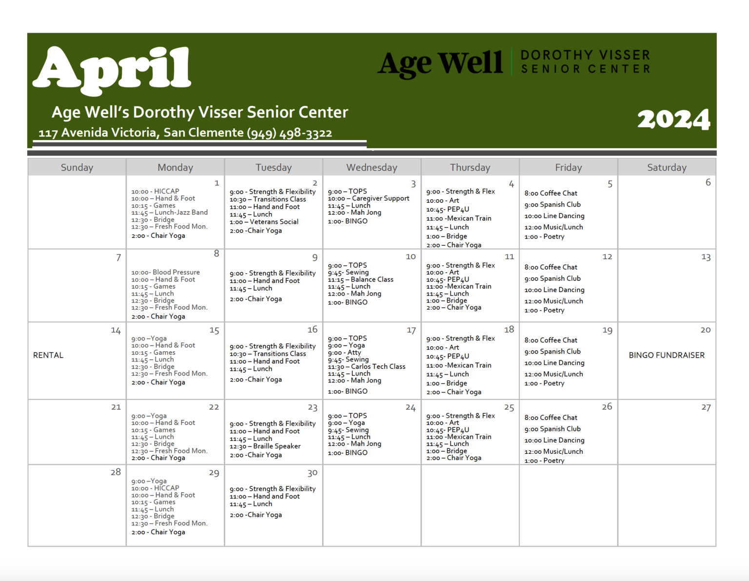 Dorothy Visser April Events | Age Well Senior Services