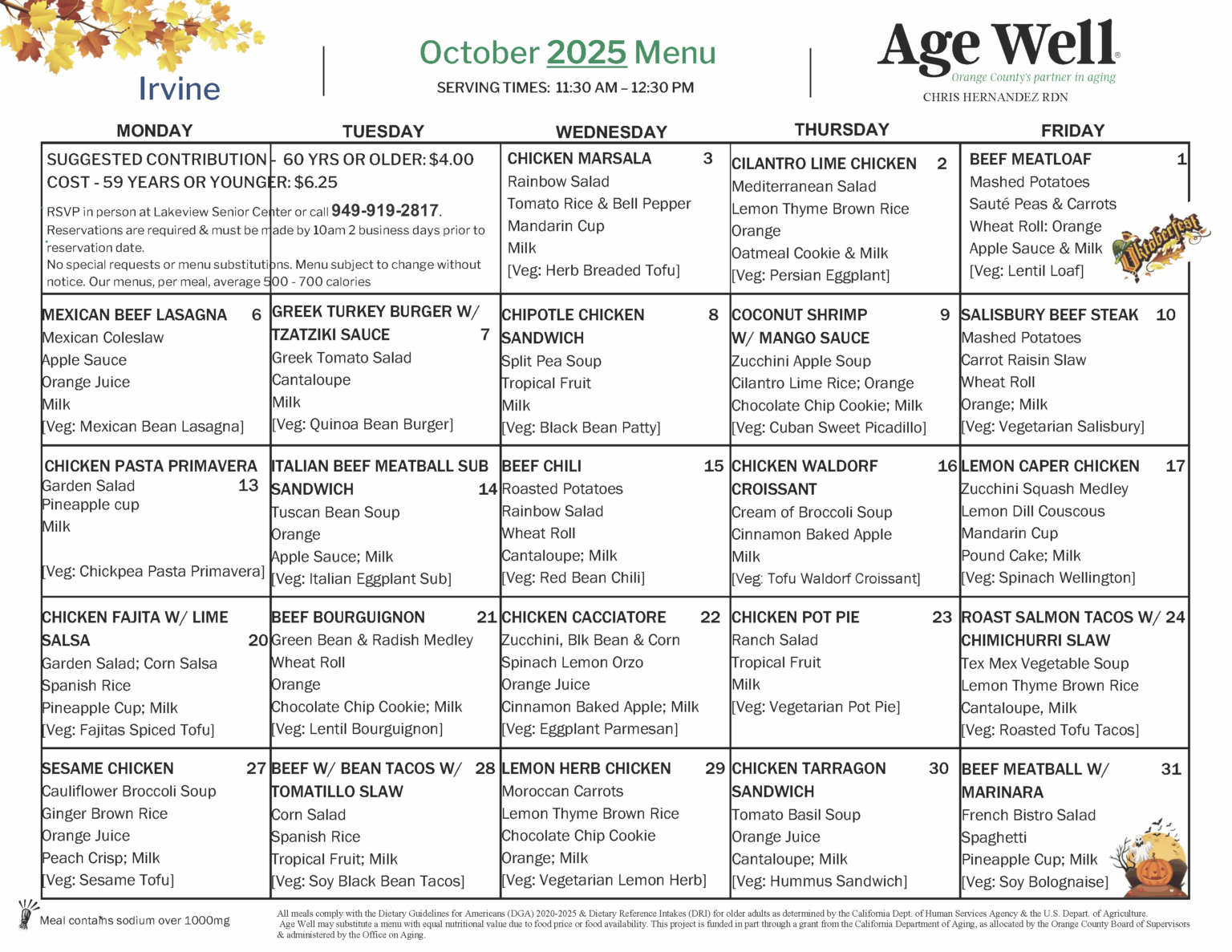 Lunch Café Menus October | Age Well Senior Services
