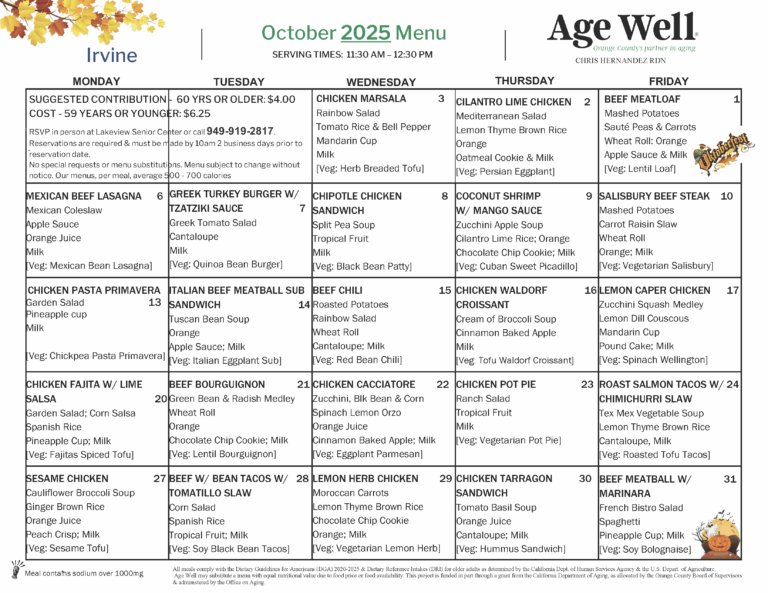 Lunch Café Menus October | Age Well Senior Services