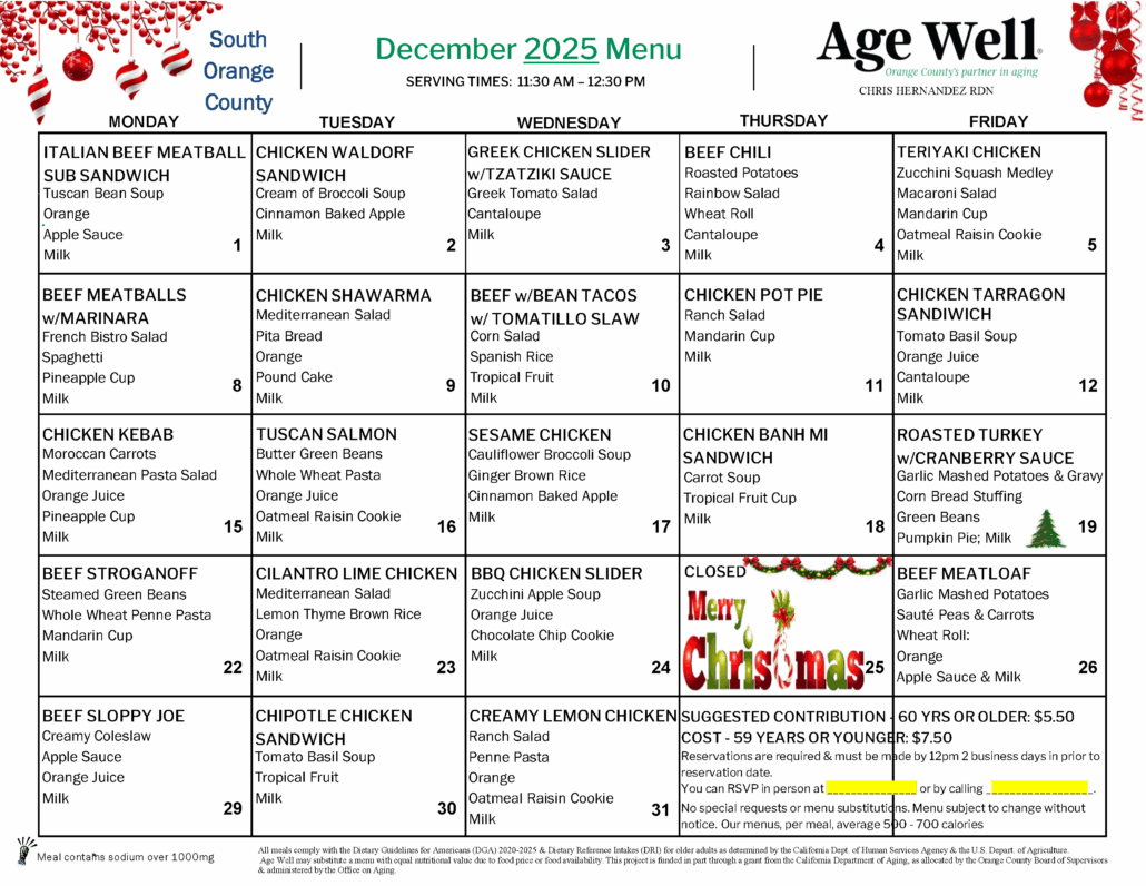 Lunch Café Menus December | Age Well Senior Services