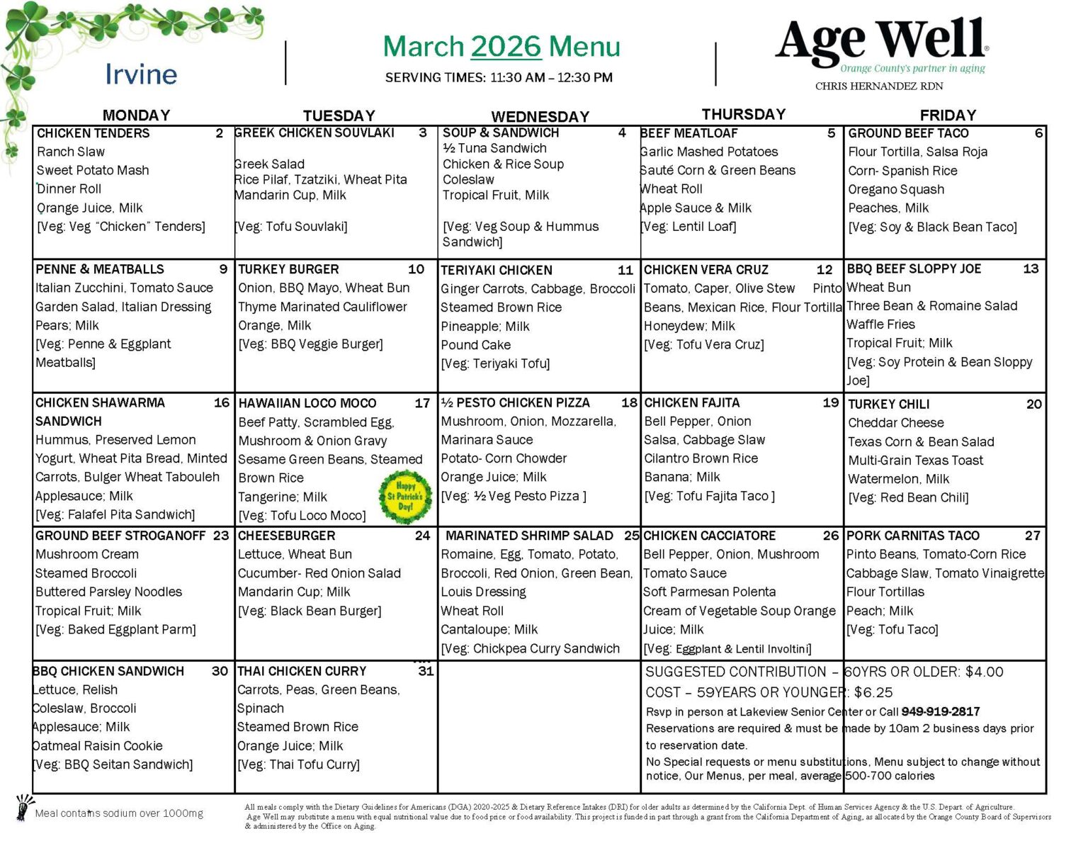 Lunch Café Menus March | Age Well Senior Services